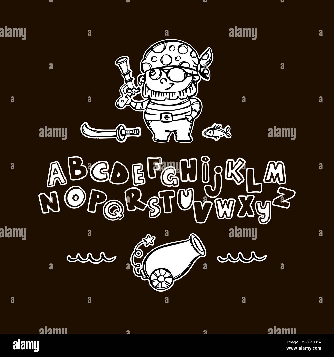 PIRATE GUN ALPHABET Nautical Theme Monochrome Hand Drawn Cartoon ...