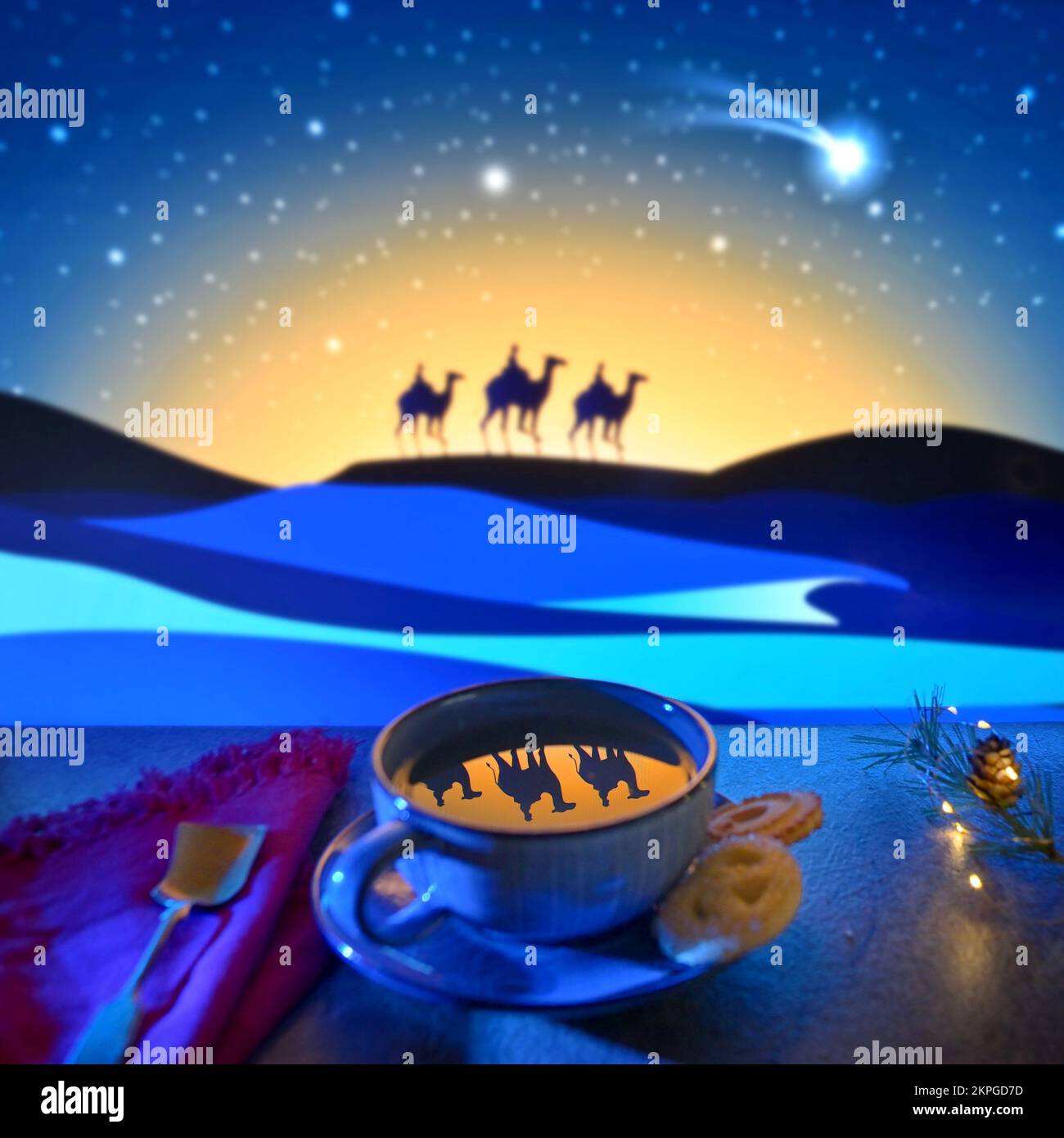 Abstract Nativity Of Jesus. Reflexion of Three Wise Men in Cup of Tea ...