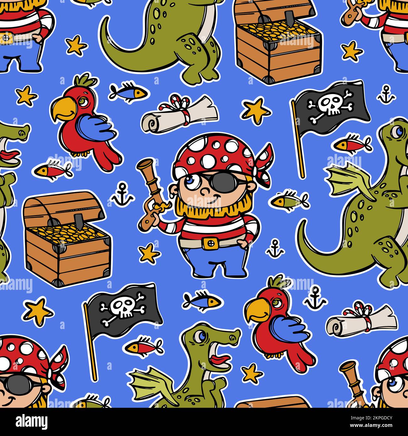 PIRATE AND CHEST WITH GOLD Dinosaur Cartoon Hand Drawn Seamless Pattern ...