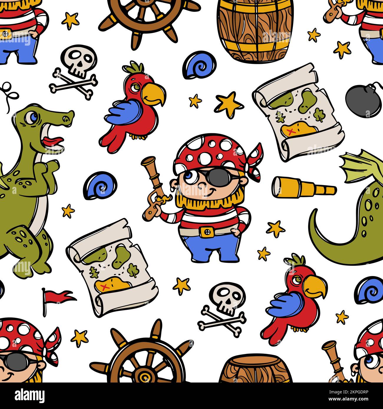 PIRATE WITH PISTOL Smiling Corsair Dino Parrot And Treasure Map Marine ...