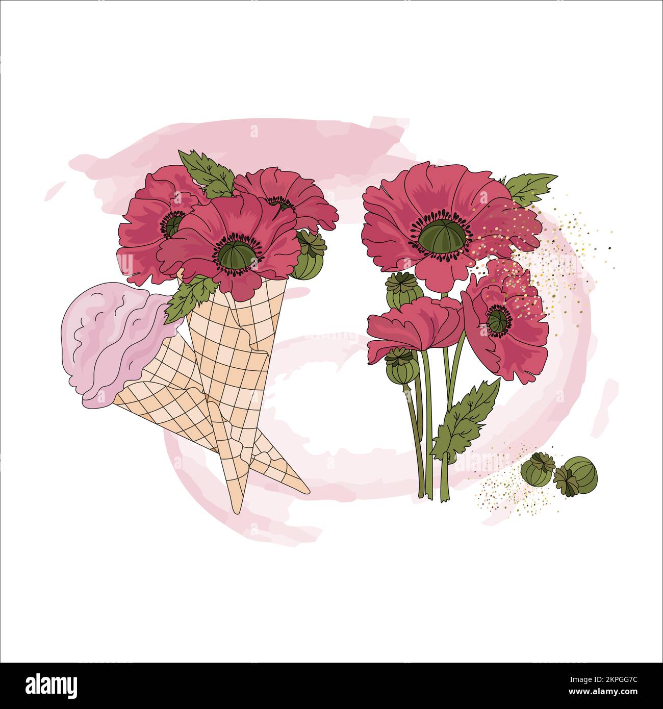 POPPY ICE CREAM Bouquet Of Red Flowers And Pink Ice Cream In A Waffle ...