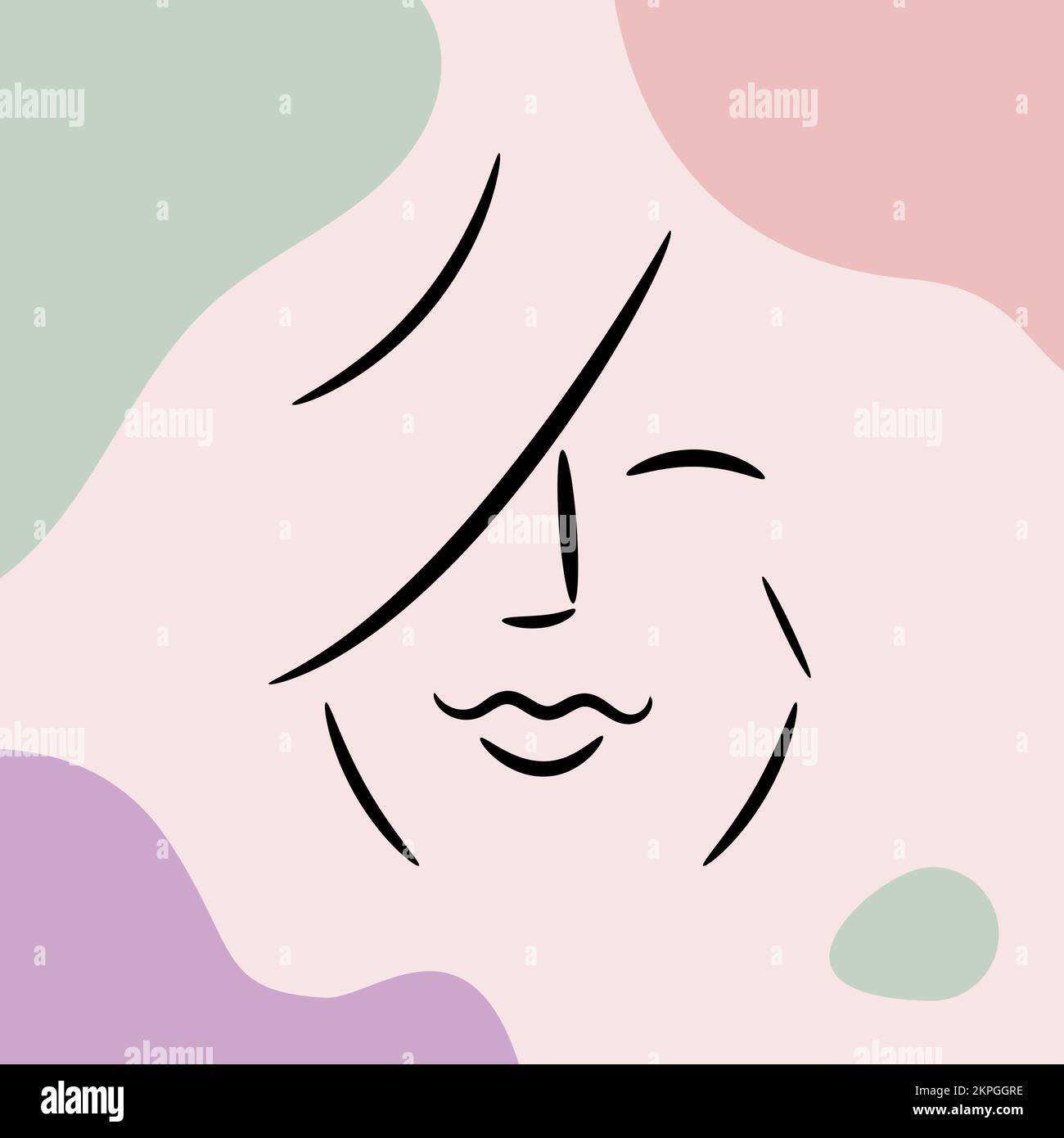 Smiling girl line art portrait. Minimalist style woman face with pastel ...