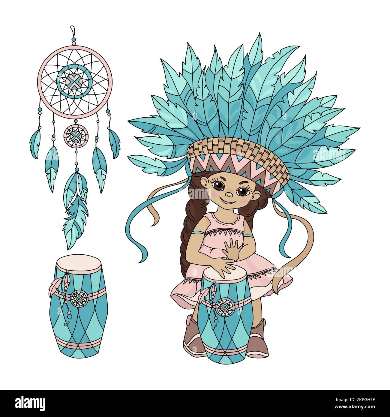 POCAHONTAS MUSIC Princess Girl In Green Feather Headdress Playing Drum ...