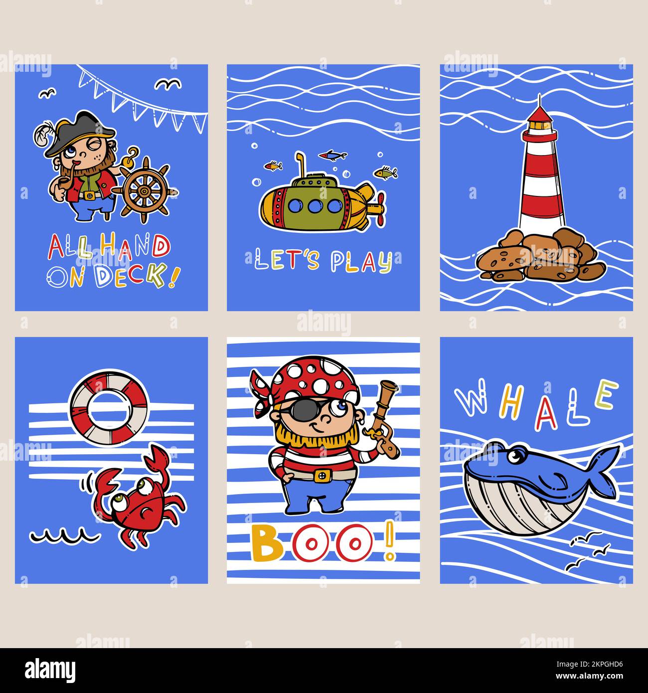 PIRATES DESIGN CARDS Hand Drawn Cartoon Marine Greeting Postcard ...