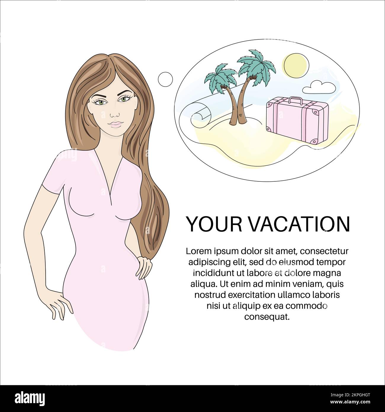 PLANE VACATION Long Haired Girl Dreams Of A Sea Cartoon Trip Travel ...