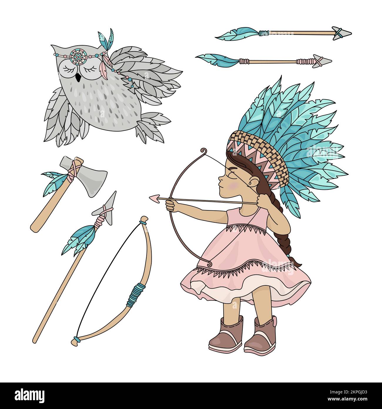 POCAHONTAS OWL Princess Girl In Green Feather Headdress Shoots From A ...