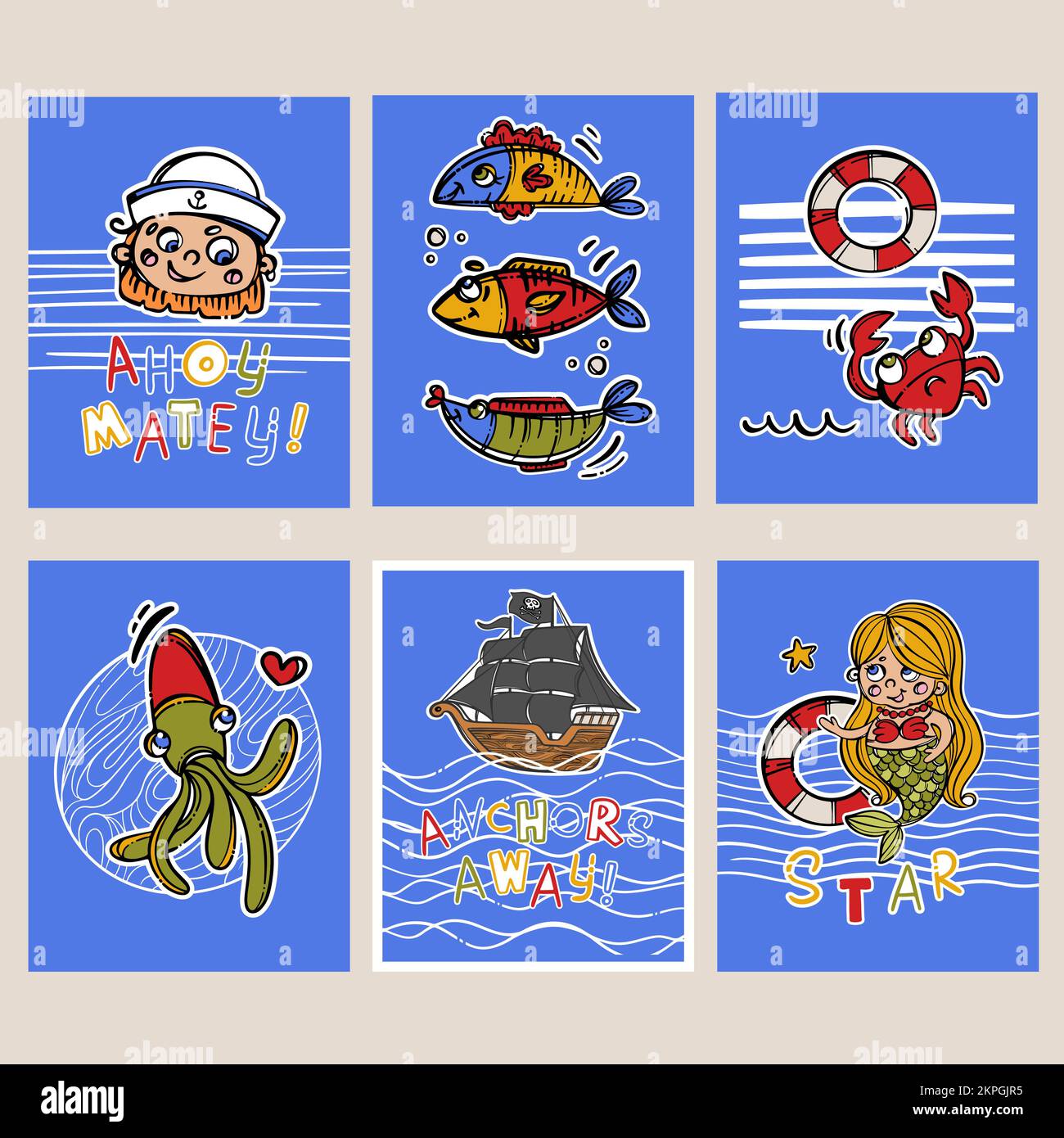 PIRATES COLORFUL DESIGN CARDS Hand Drawn Cartoon Marine Greeting ...