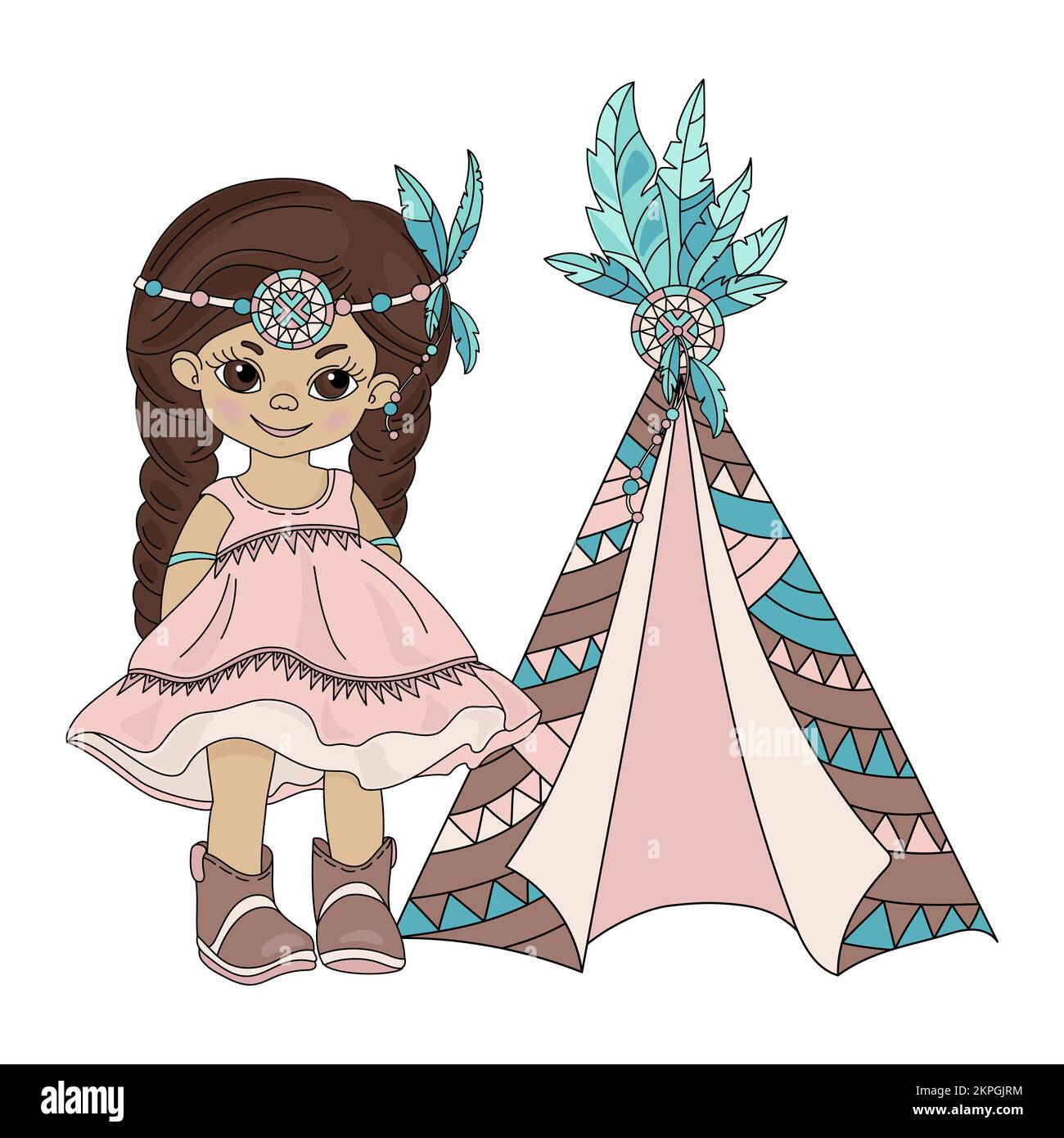 POCAHONTAS WIGWAM Long Haired Princess Girl In Headdress Near Her House ...