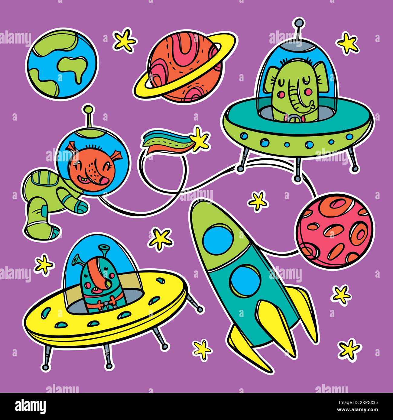 PLANETS AND RESIDENTS Cute Spaceships Flies Between Stars In The ...