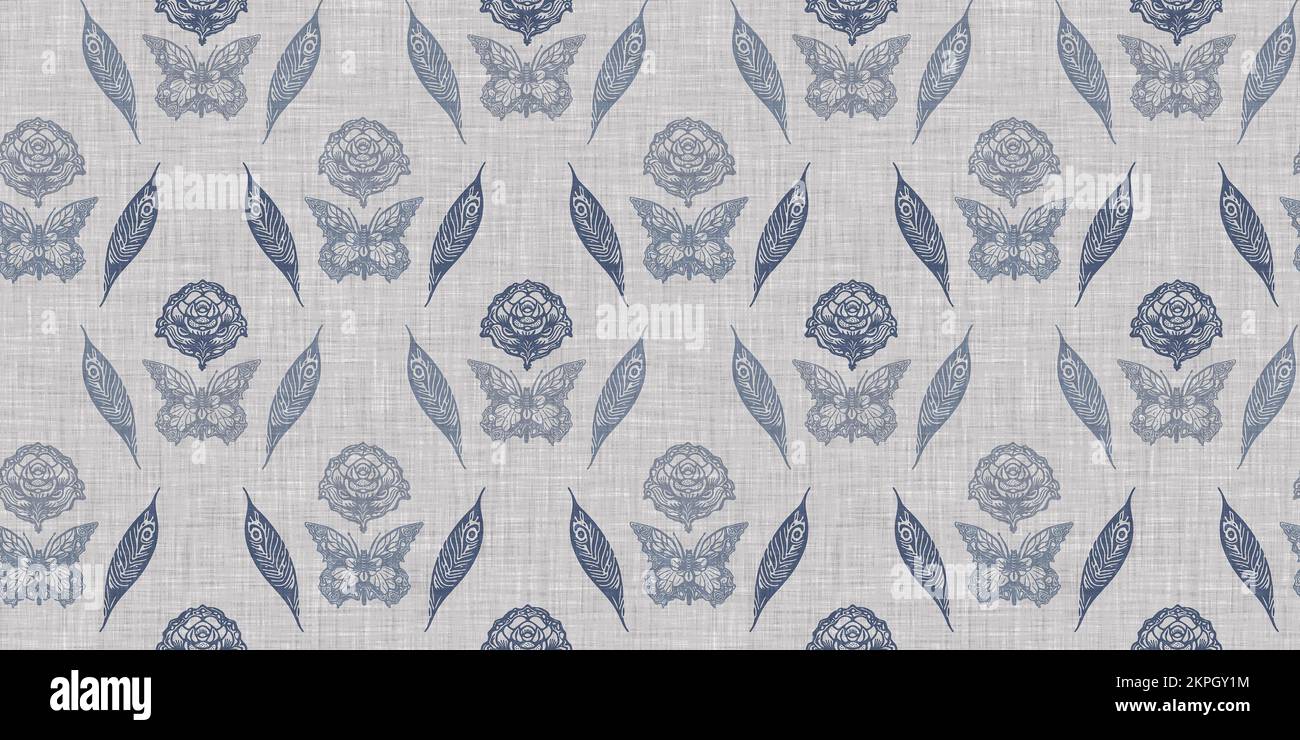 Farmhouse blue butterfly seamless border. Rustic French wildlife for ...