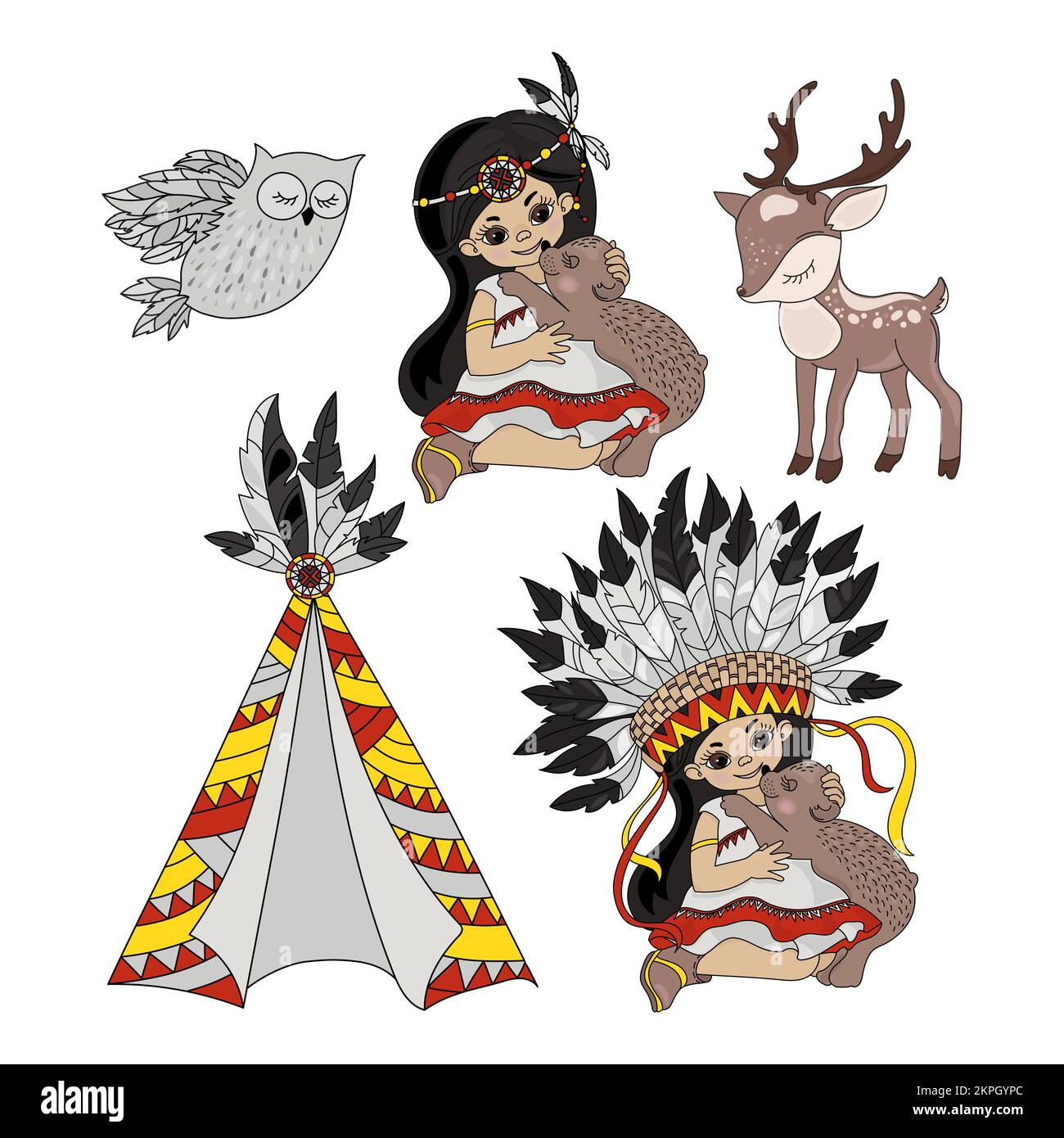 POCAHONTAS LIFE Princess Girl In Headdress Hugging Bear Baby Animals ...