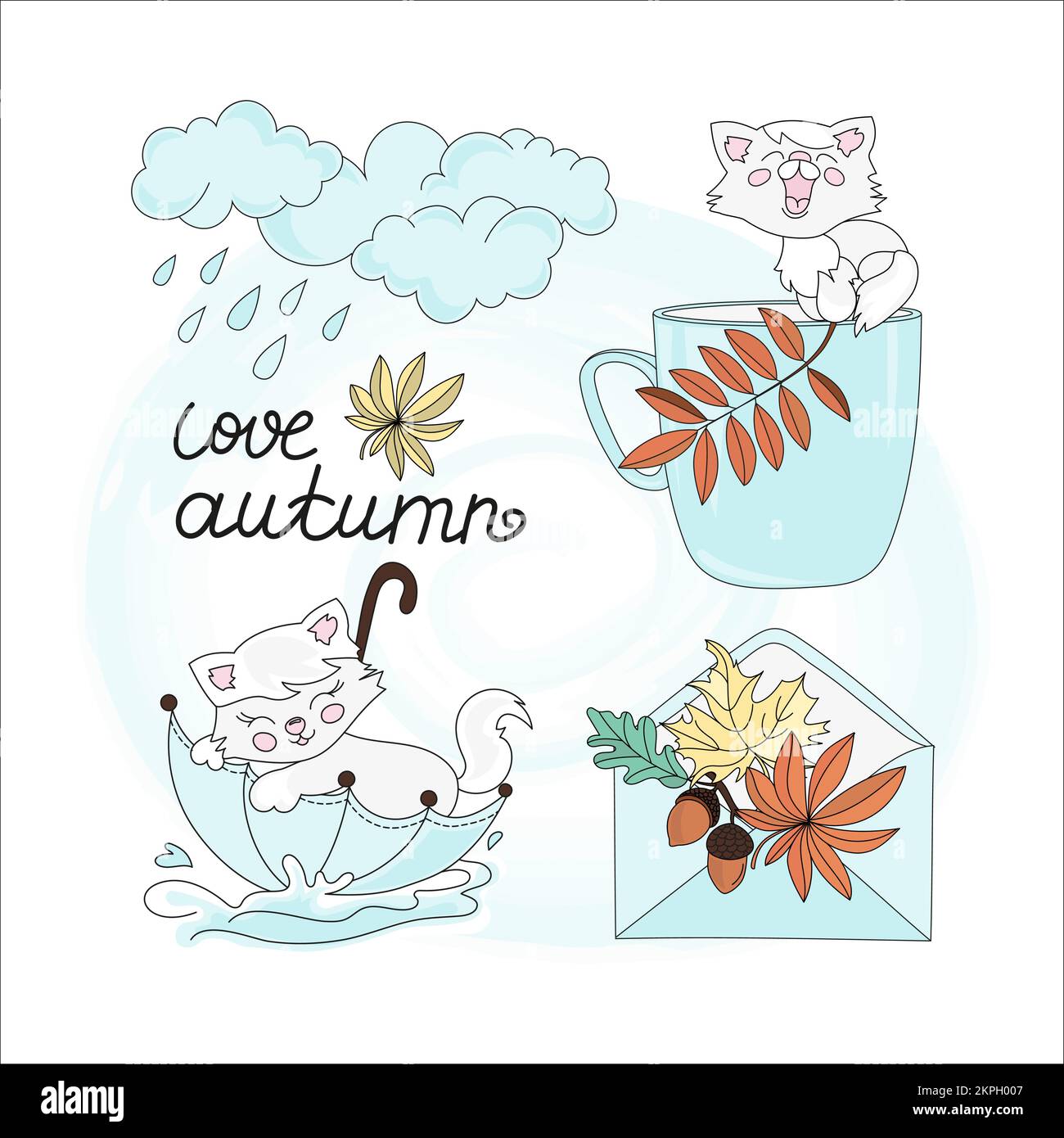 RAIN AND CAT White Kitten Sit In Umbrella And On The Edge Of The Mug ...