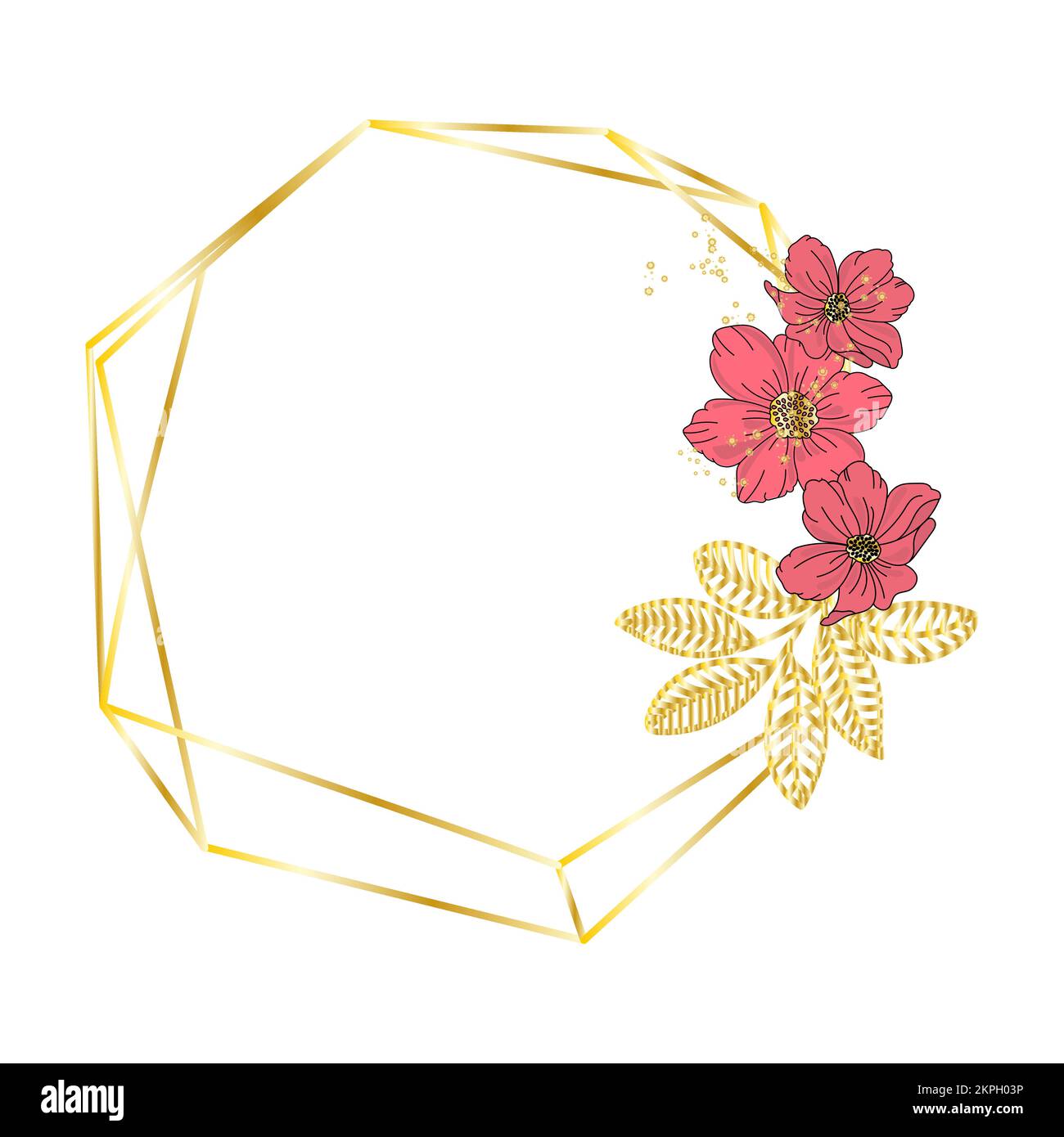 RED FLOWER And Golden Branch On The Rim Of The Golden Hexagonal Frame ...