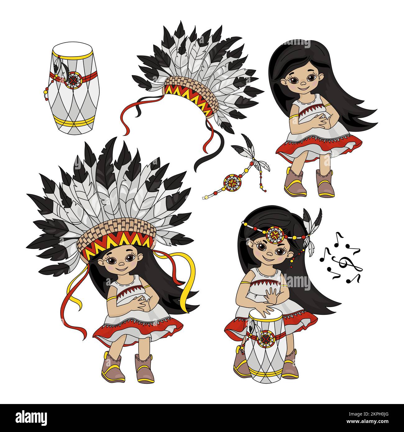 POCAHONTAS SET Long Haired Princess Girl In Feather Headdress Native ...