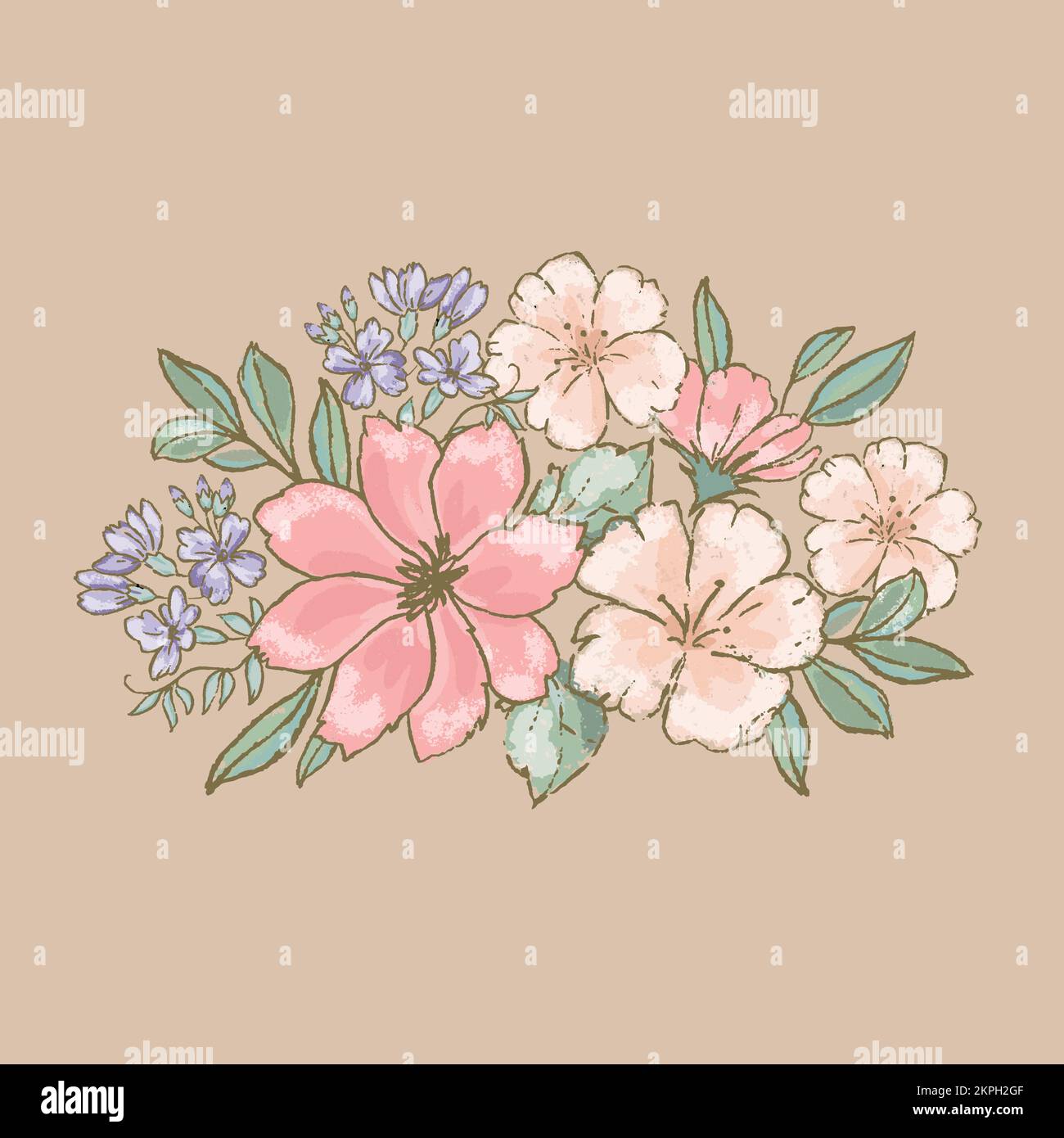 RETRO FLOWERS Floral Bouquet Wildflowers Hand Drawn Botanic Herbarium ...