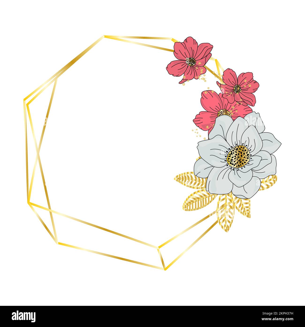RED GREY Flowers And Gold Branch On Golden Polygon Frame Wedding ...