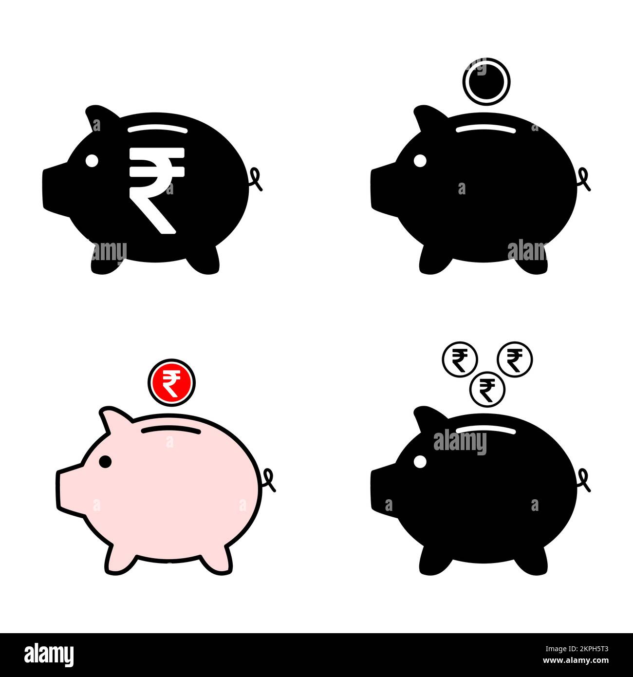 Set of Piggy bank flat icon, sign vector with rupee web symbol. Money ...