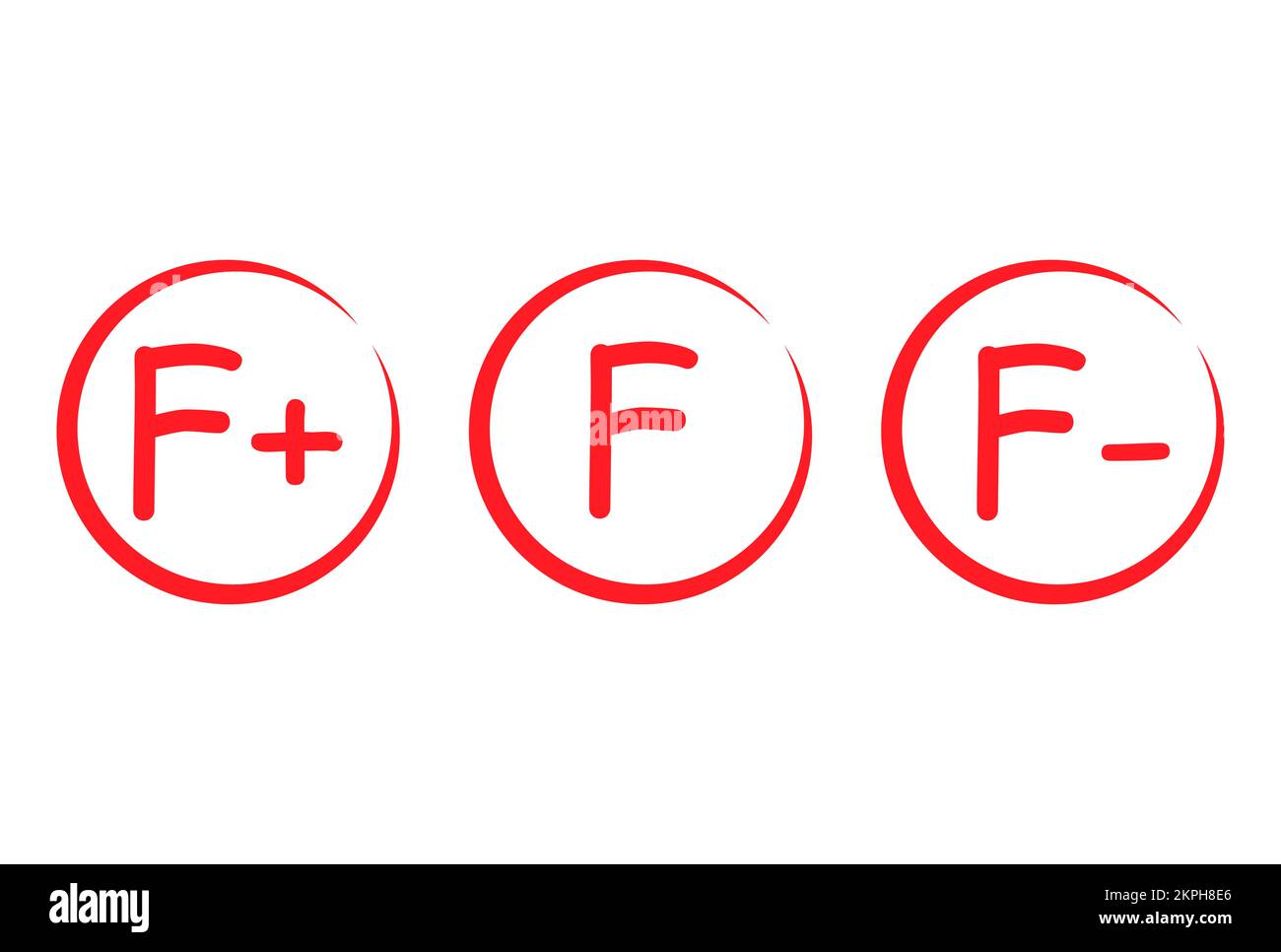 Set of Grade result F. Hand drawn icon in red circle. Test exam mark ...