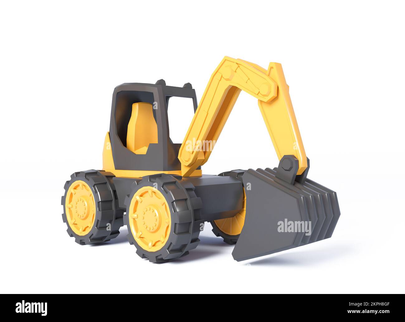 Yellow excavator loader toy model on isolated white background, lift up ...