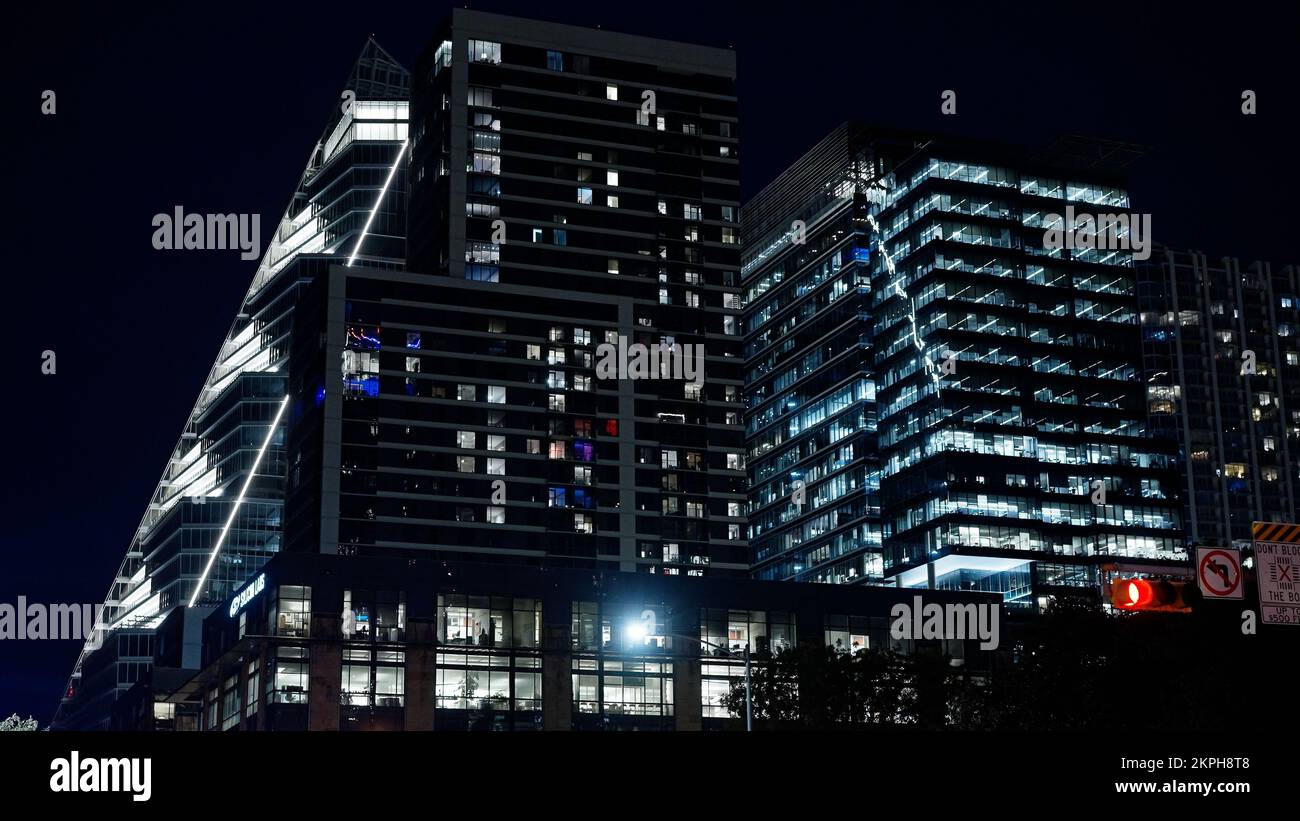 The modern office buildings of Austin at night - AUSTIN, UNITED STATES ...