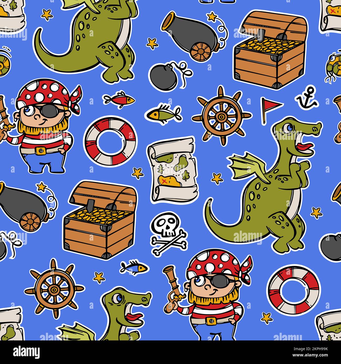 TREASURE MAP Smiling Corsair With Pistol Dino And Treasure Chest Marine ...