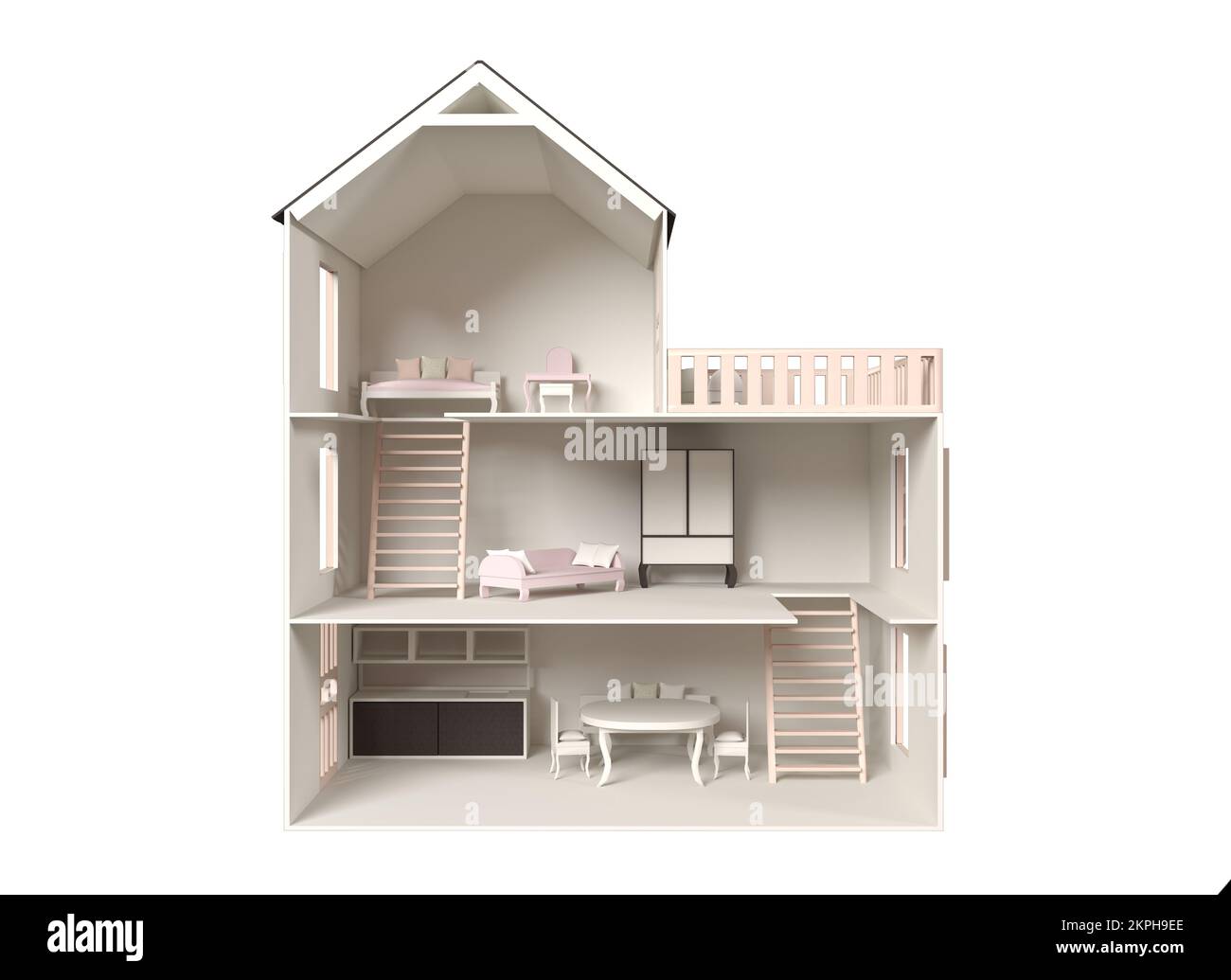 Classic wooden dollhouse isolated on white background. House cross ...