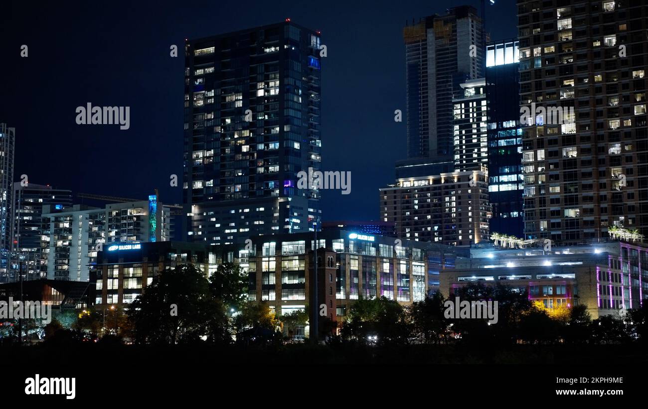 The modern office buildings of Austin at night - AUSTIN, UNITED STATES ...
