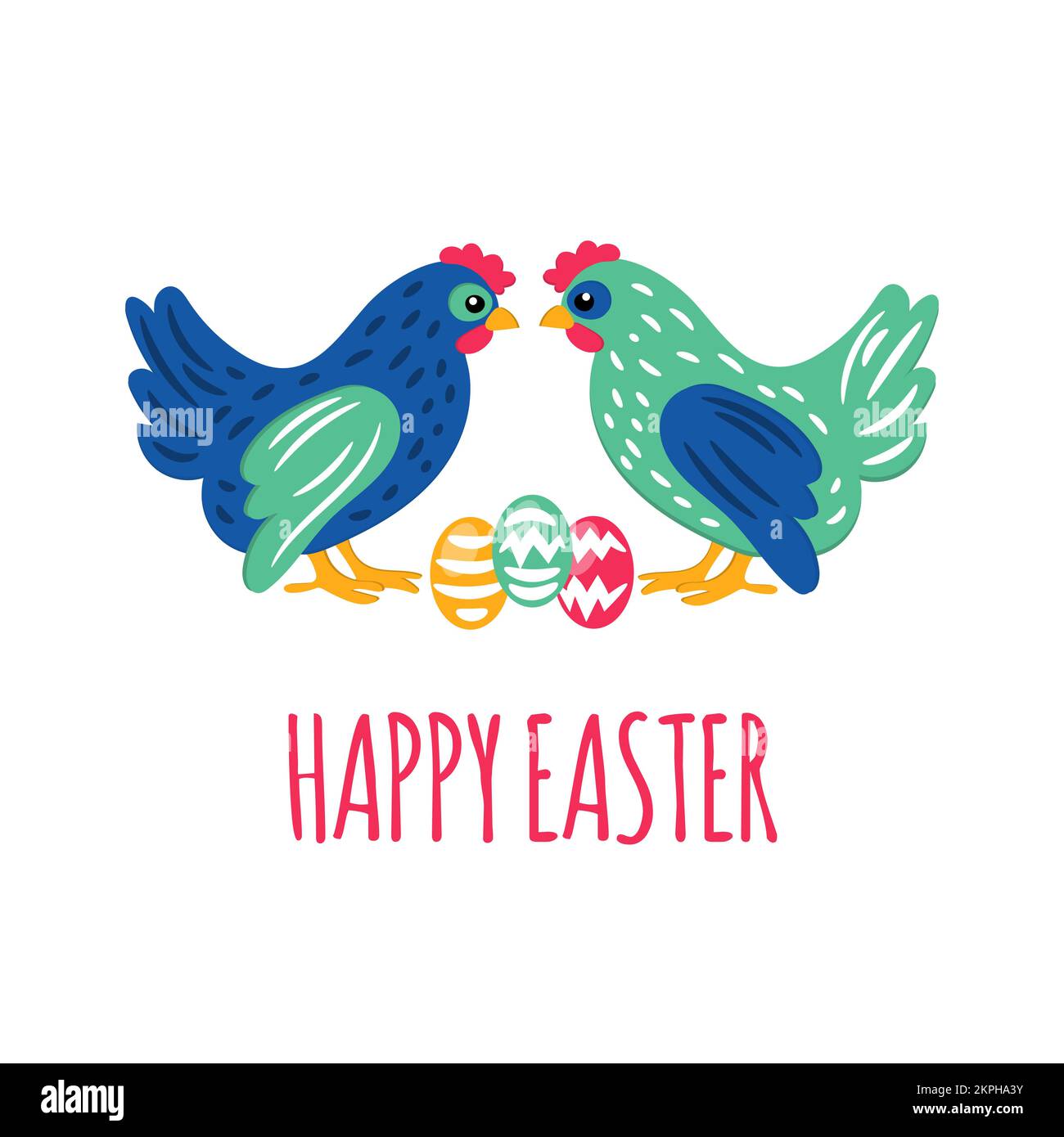 TWO CHICKENS Face To Face And Eggs Symbol Of Holy Easter Holiday In ...