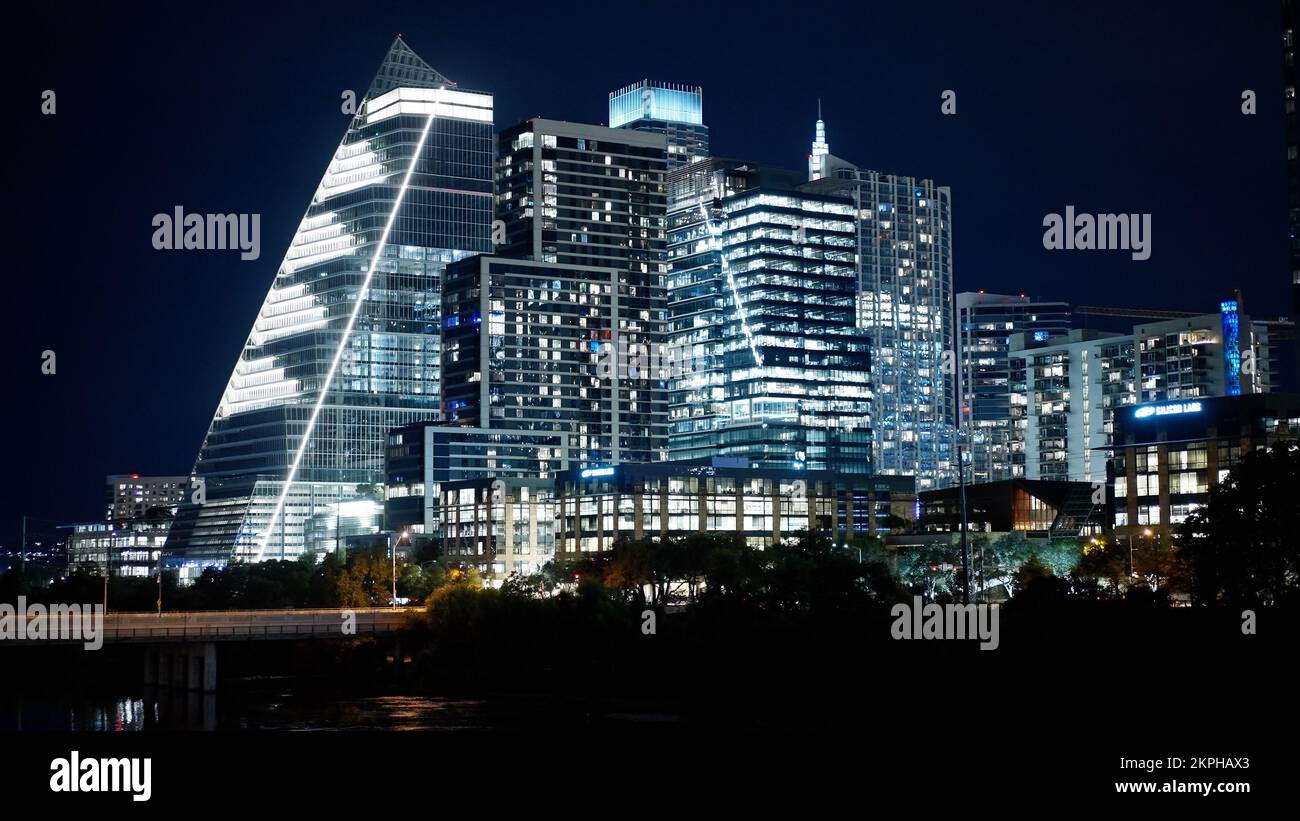 The modern office buildings of Austin at night - AUSTIN, UNITED STATES ...