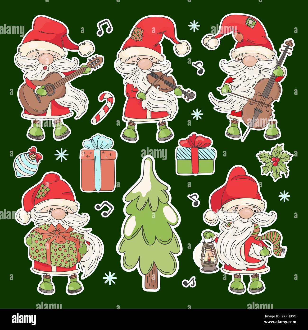SANTA STICKERS Cartoon Claus With Musical Instruments Christmas Tree ...