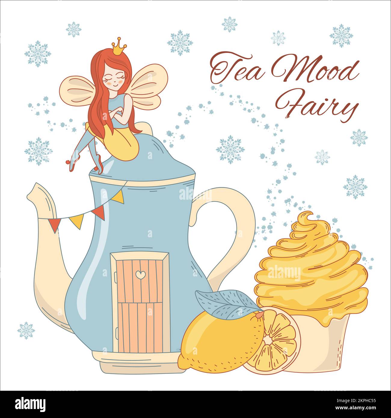 TEA MOOD FAIRY Princess Girl With Red Hair And Wings Sits On Teapot ...