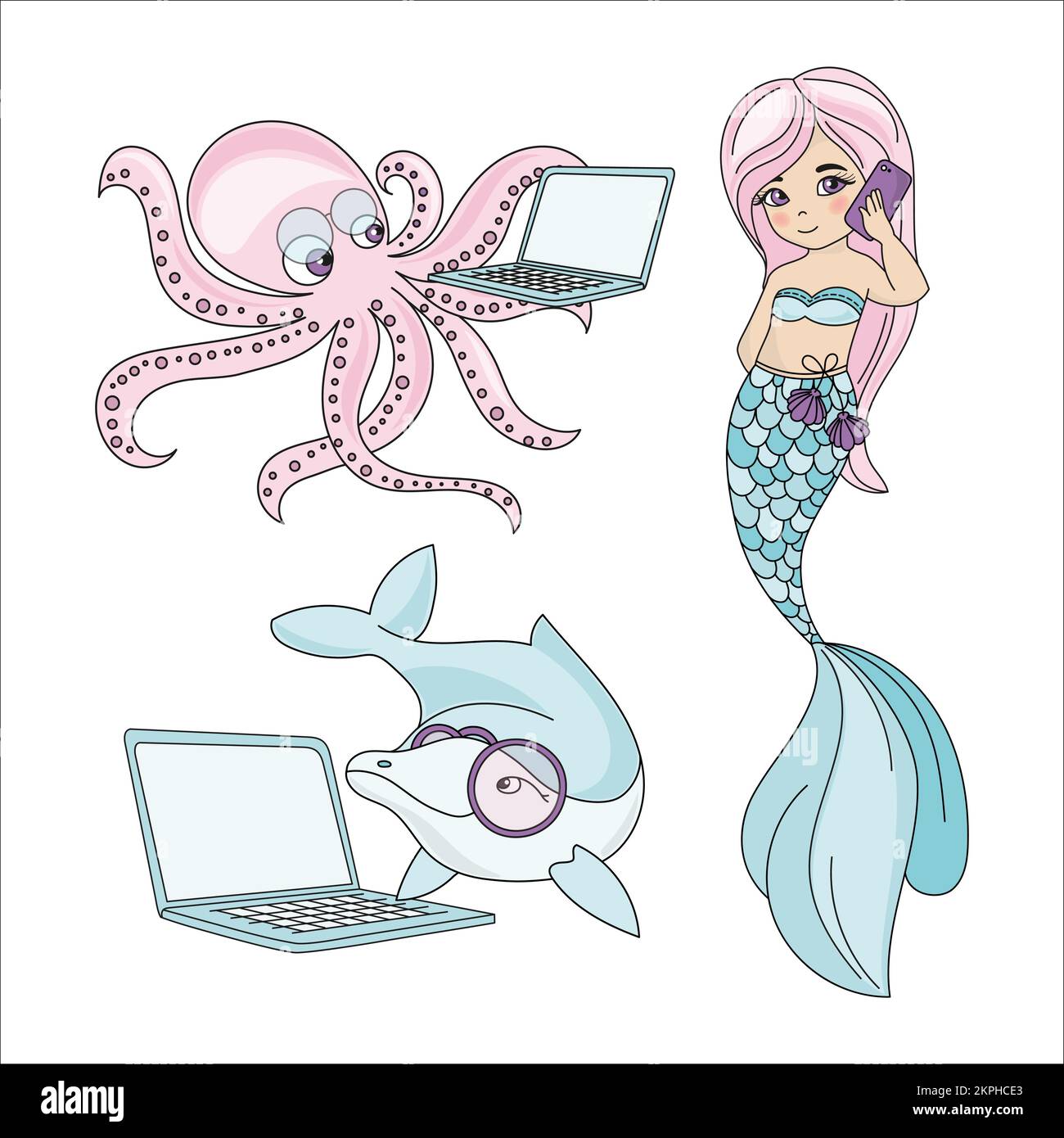 SEA CREATURES Mermaid Talking Smartphone Octopus And Dolphin Working On ...