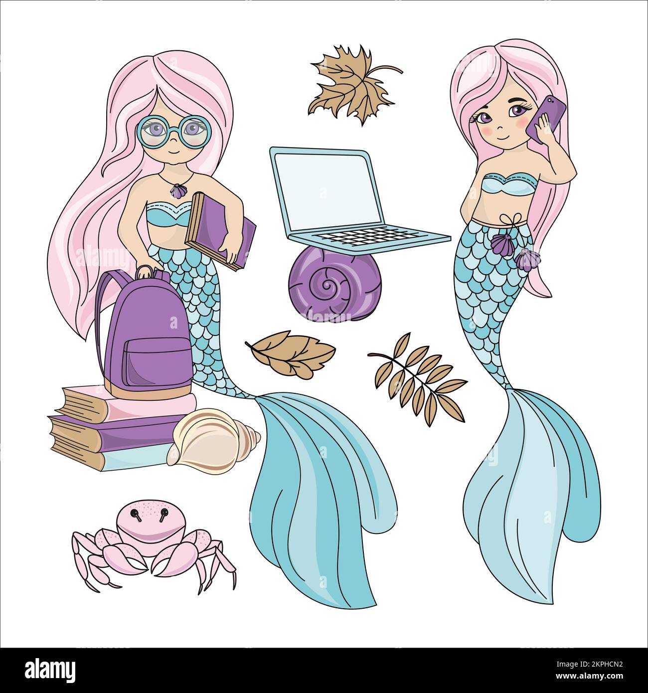 SEA SCHOOL Mermaid Students With Laptop And Teach Books Oceanic ...