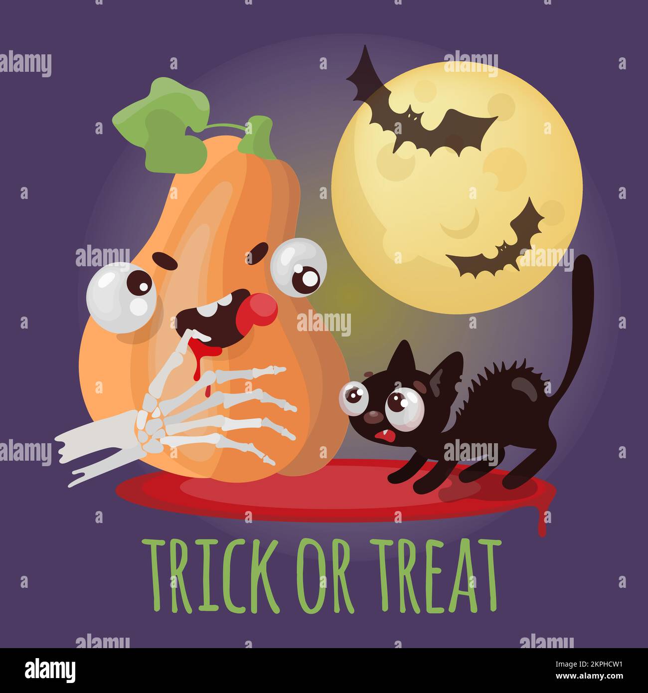 TRICK OR TREAT Halloween Funny Flat Design Pumpkin Cartoon Hand Drawn ...