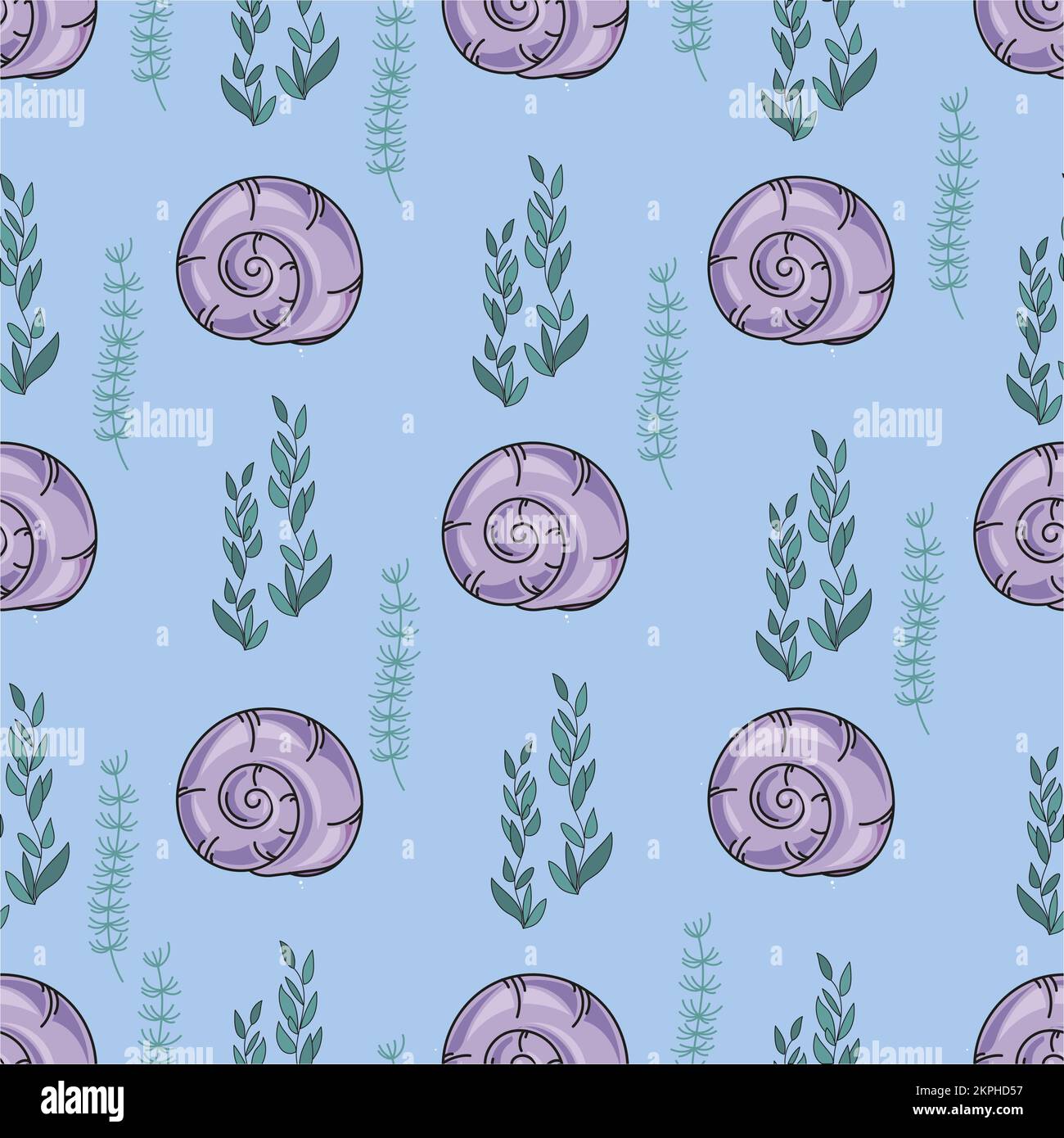 SHELL Underwater Dweller Purple Seashell And Algae On Blue Background ...