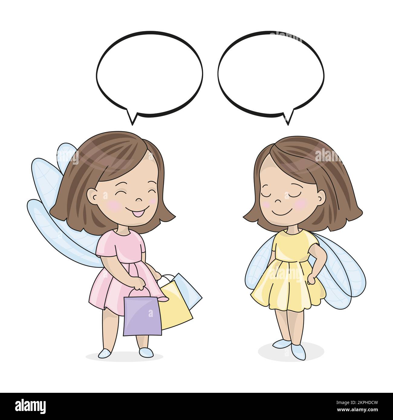 SHOPPING TALK Women With Wings And Paper Bags For Goods Talking About ...