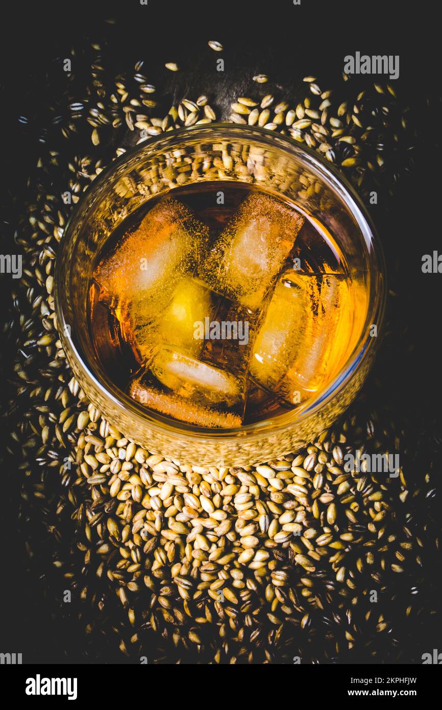 Dark still life bar artwork on a setting of whiskey and rye grains in ...