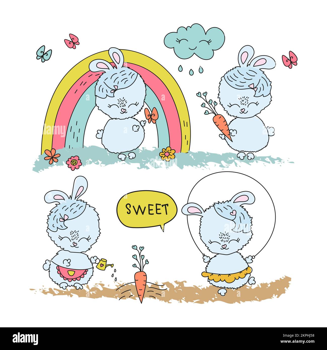 SPRING BUNNY Stands Under The Rainbow Holding And Watering Carrots And ...