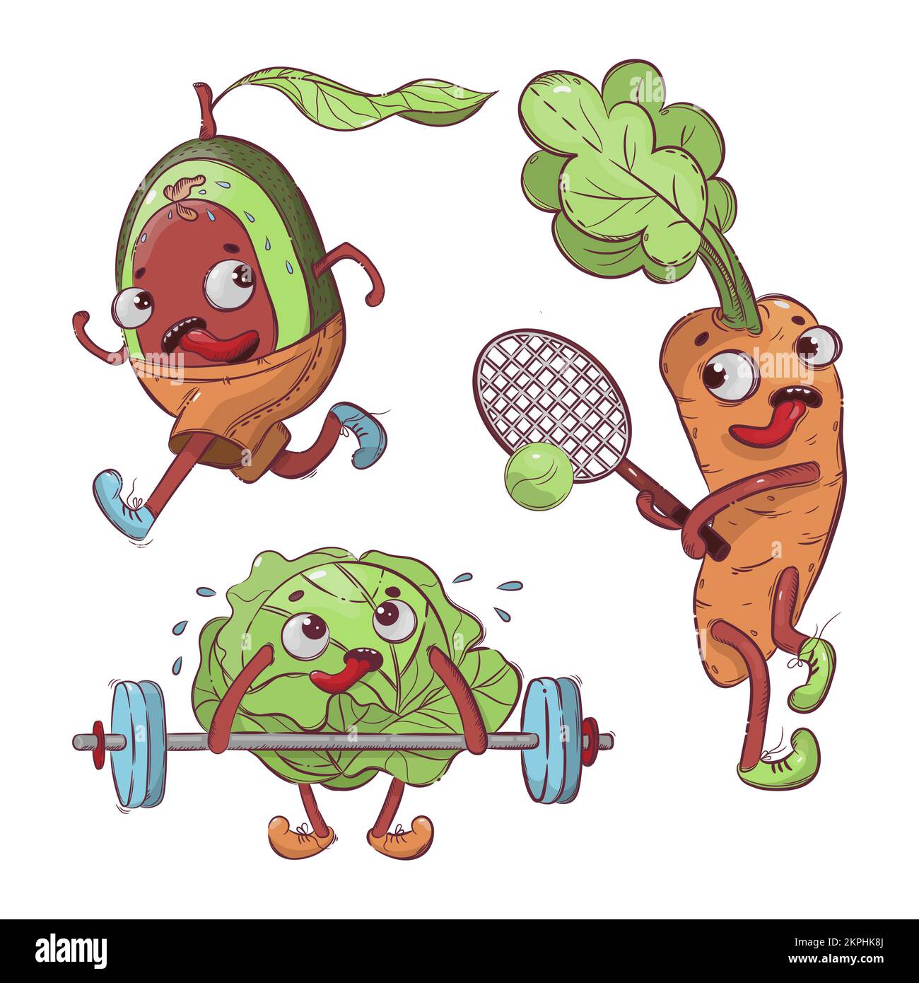 SPORT VEGETABLES Cartoon Health Nutrition Hand Drawn T-shirt Vector ...