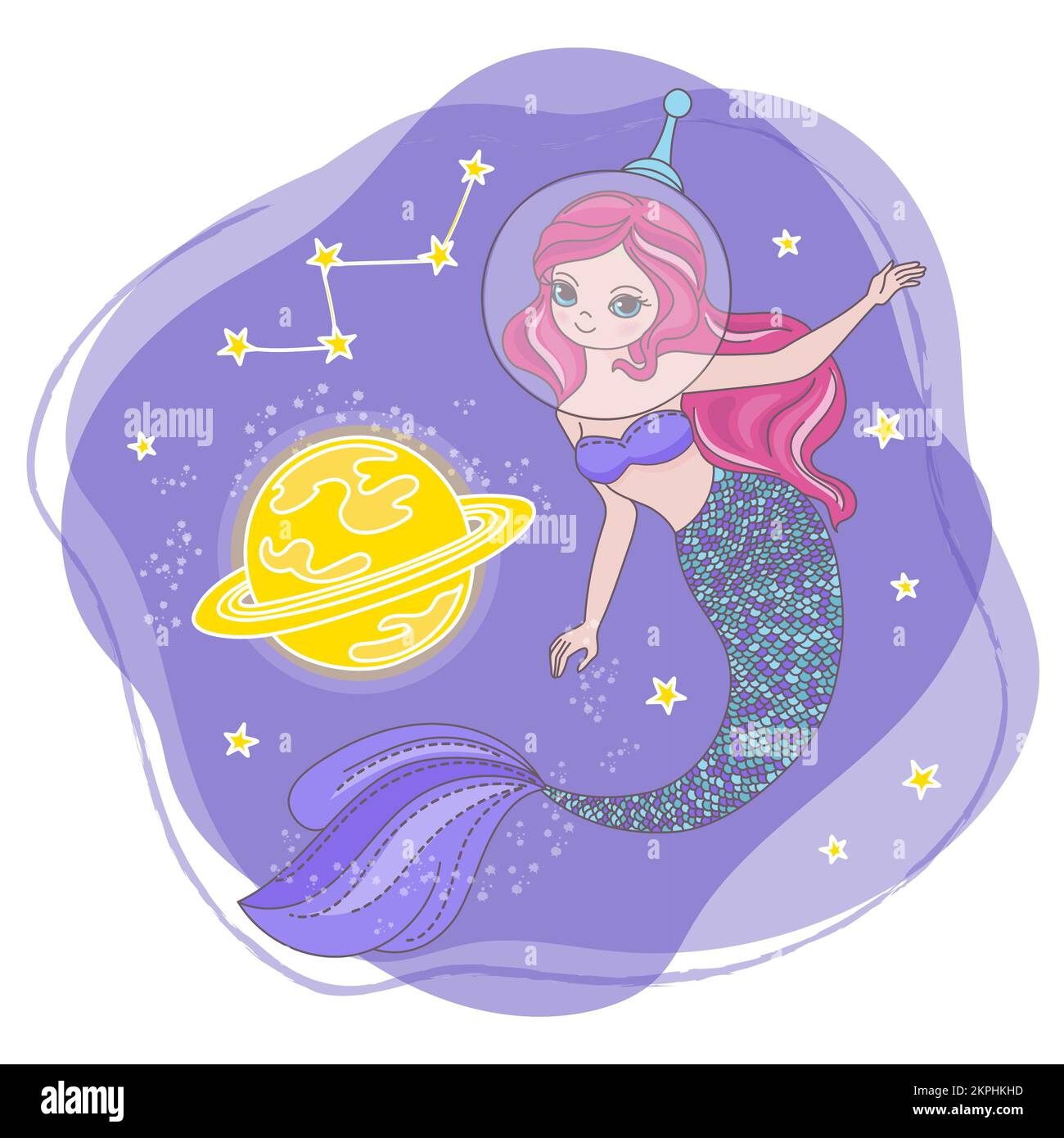 SPACE MERMAID Long Haired Princess Girl In Spacesuit Next To Saturn On ...