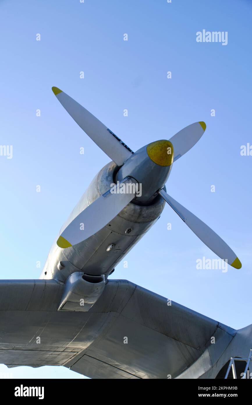 Screw engine on wing seaplane.Four blades engine Stock Photo - Alamy