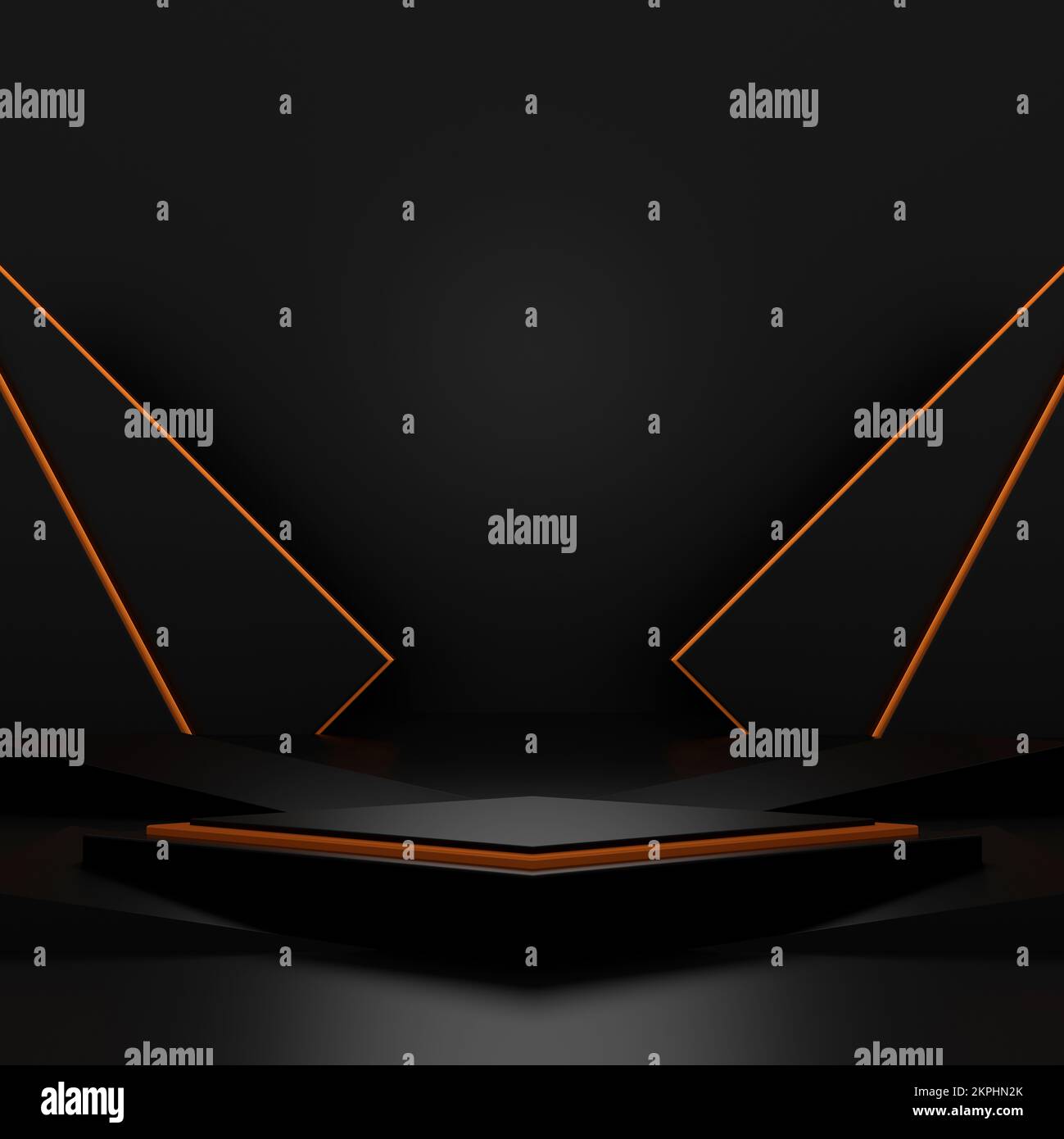 black geometric stage podium and neon light. dark scientific background ...
