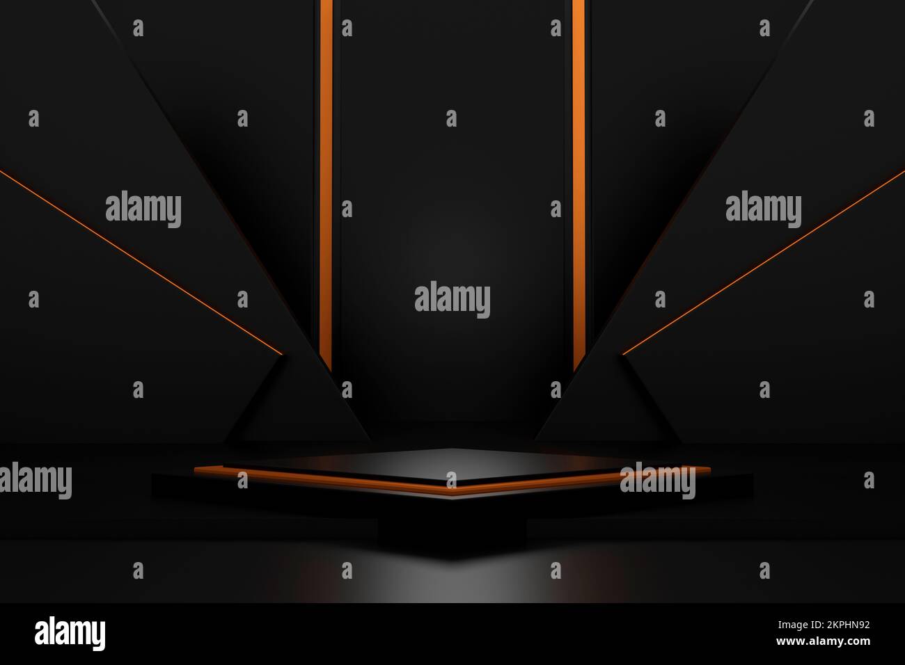 black geometric stage podium and neon light. dark scientific background ...