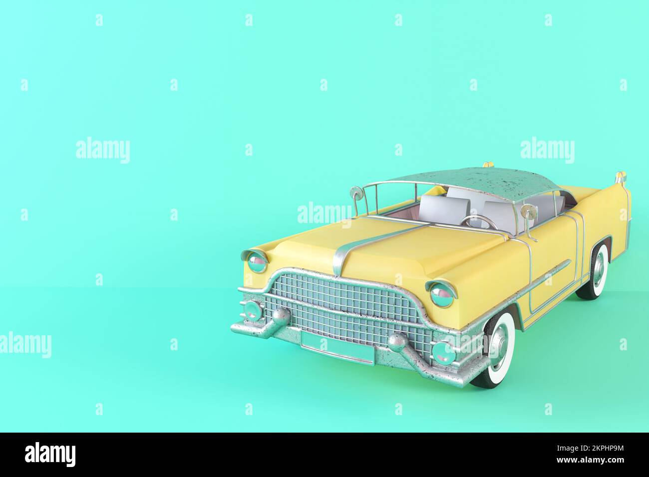 Vintage yellow toy car on green background 3D illustration. Scale model ...