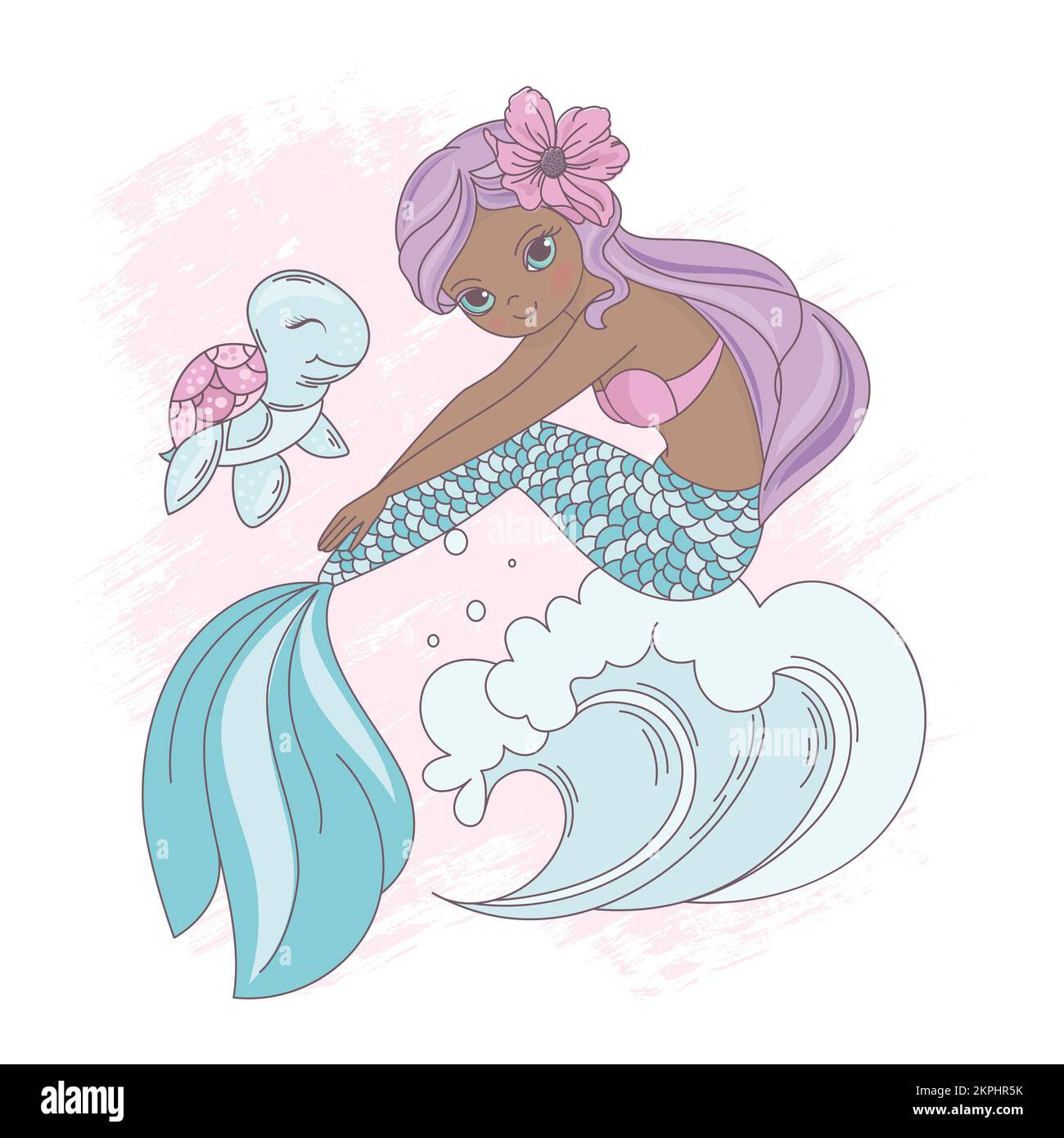 WAVE MERMAID Dark Skinned Princess Girl With Pink Flower In Long Purple ...