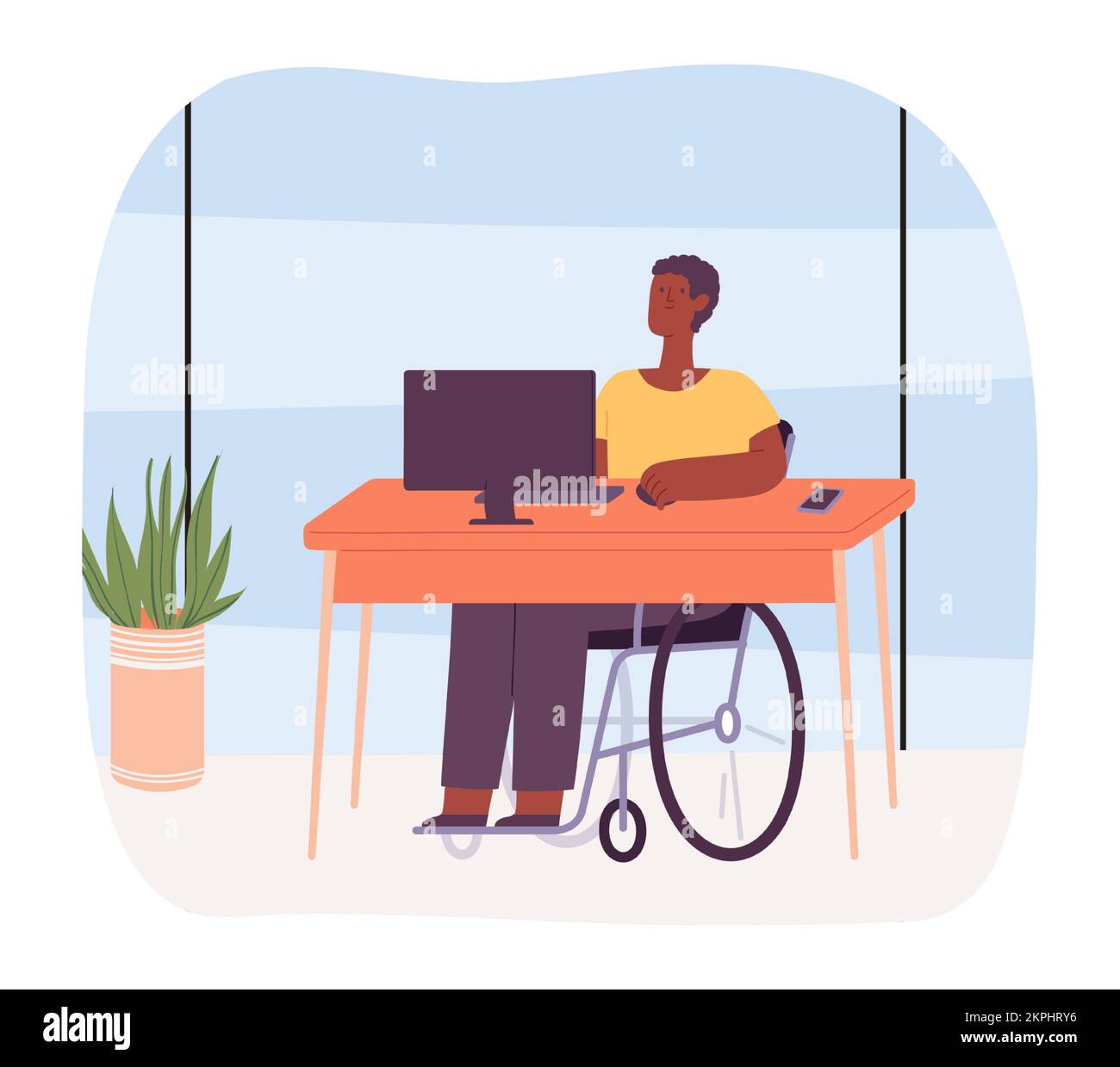 Disabled person at work. Male character on wheelchair sitting at desk ...