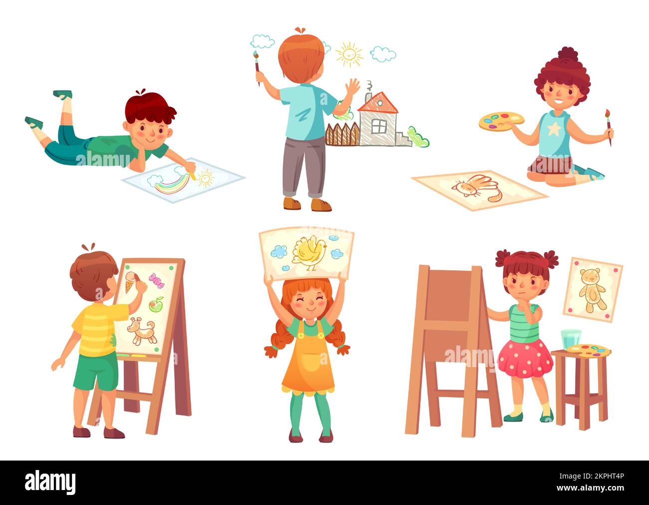 Drawing children, kid illustrator. Little boys and girls painting home ...