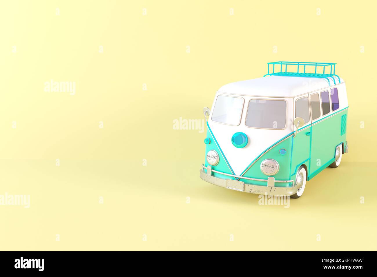 Vintage green toy bus on yellow background 3D illustration. Scale model ...