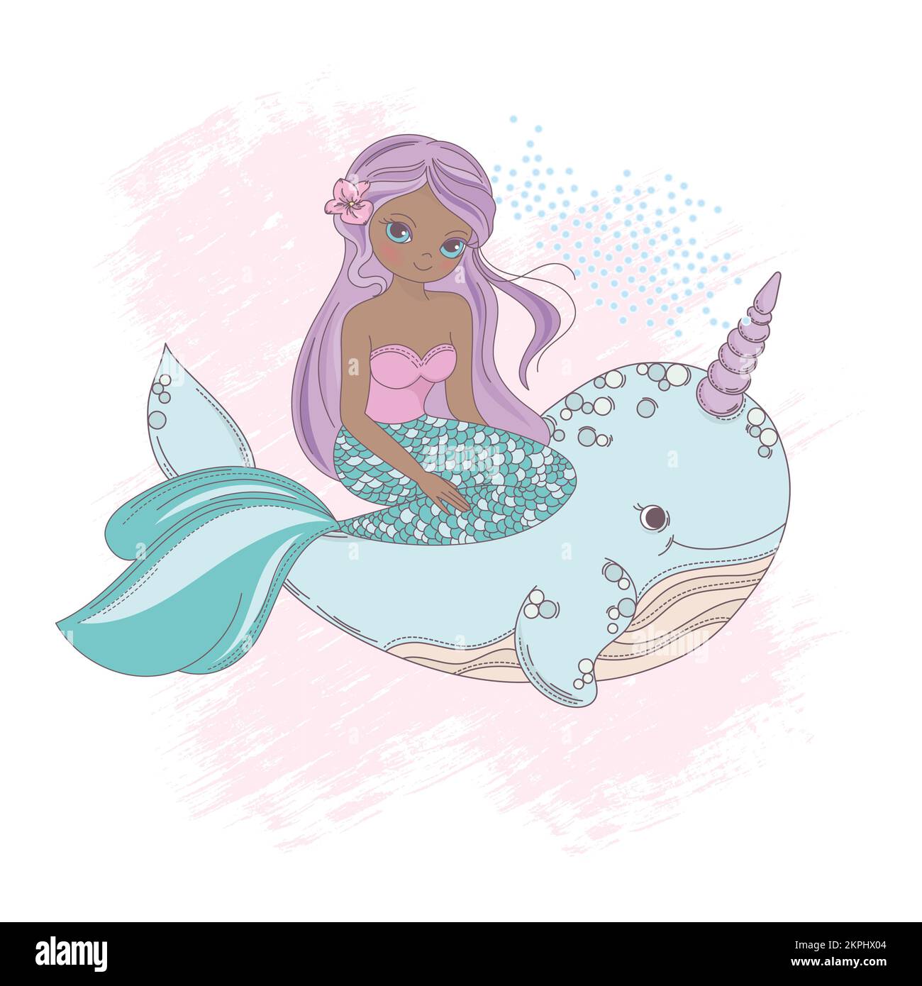 WHALE UNICORN And Dark Skinned Mermaid Princess With Long Purple Hair ...
