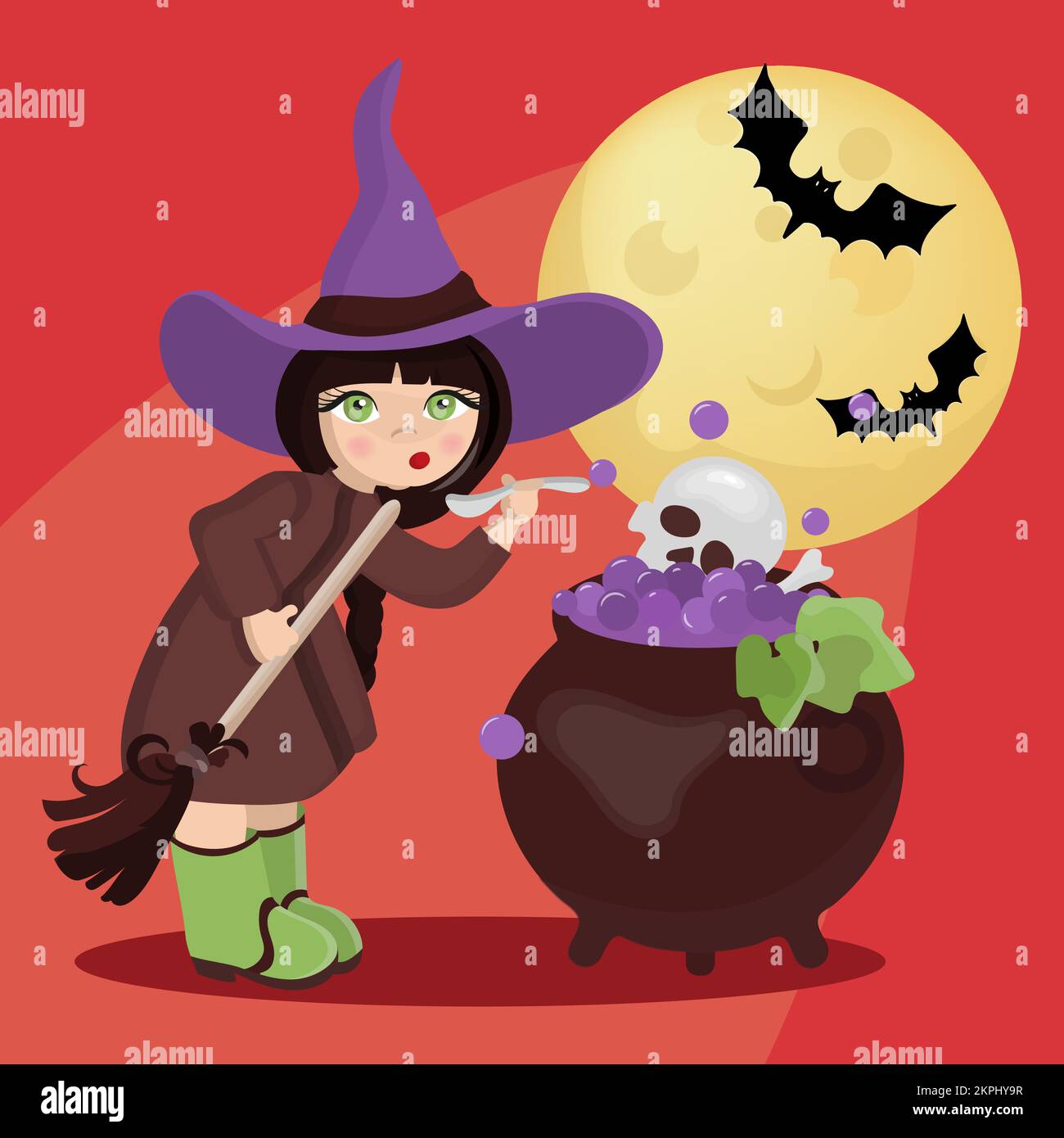 Wizard Moon Mystic Holiday Halloween Cartoon Hand Drawn Flat Design Witch Girl Vector